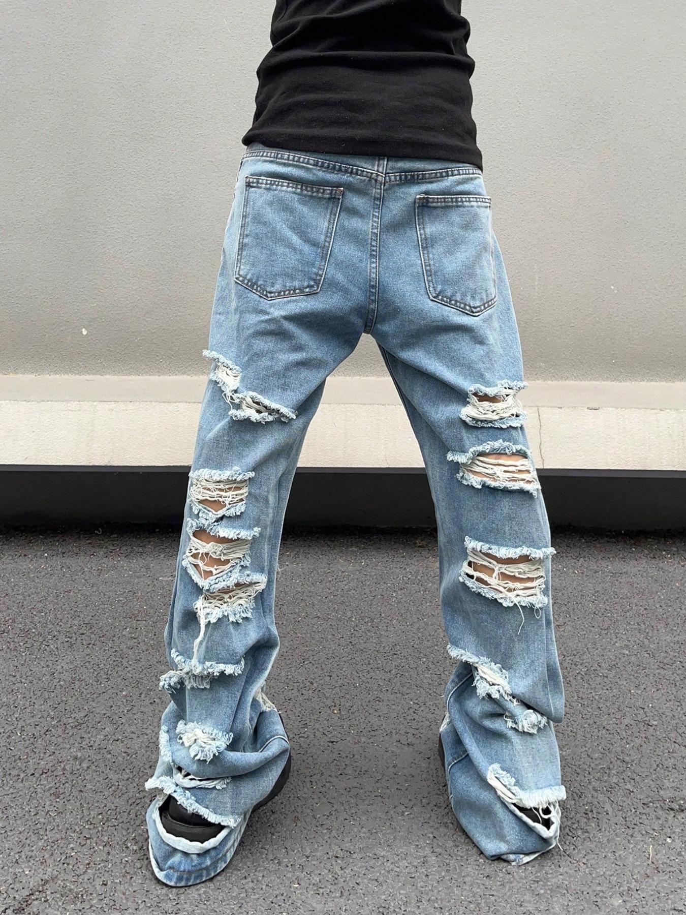 Men's Regular Fit Ripped Straight Leg Jeans - Casual Denim - TikTok Shop