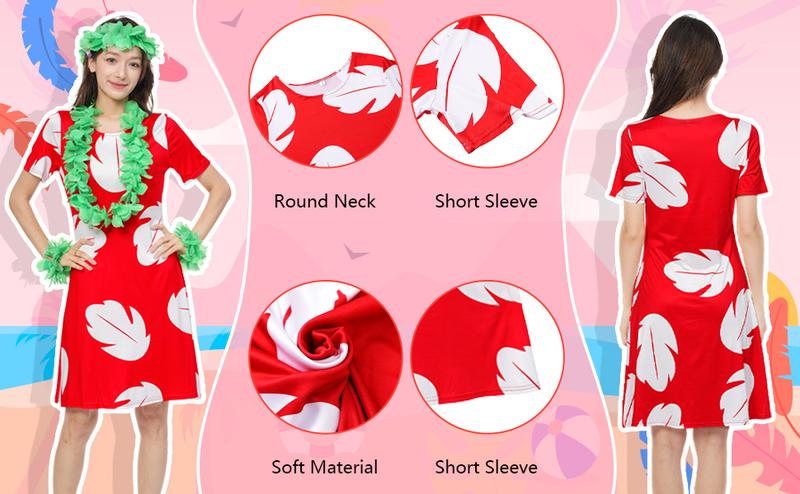 Lilo Cosplay Costume Pelekai Red Lilo Dress with Hawaiian Leaf Flower ...