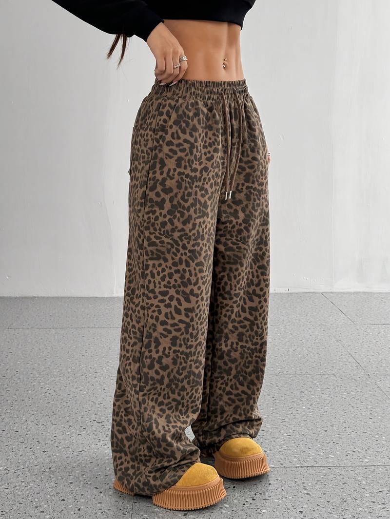 Chic Leopard Print Drawstring Straight-Leg Pants for Women - Casual ...
