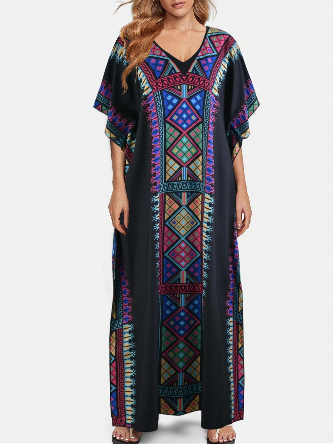 Women's Ethnic Print Long Dress, Casual V-Neck Half Sleeve Batwing ...