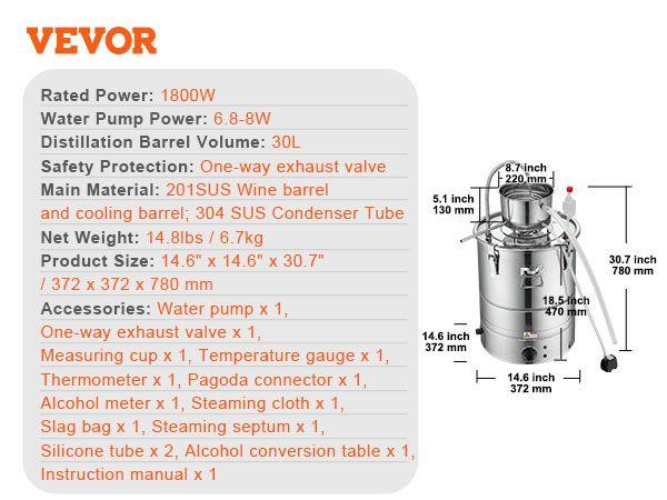 VEVOR Alcohol Still, 9 Gal 30L Water Alcohol Distiller, Home Distillery ...