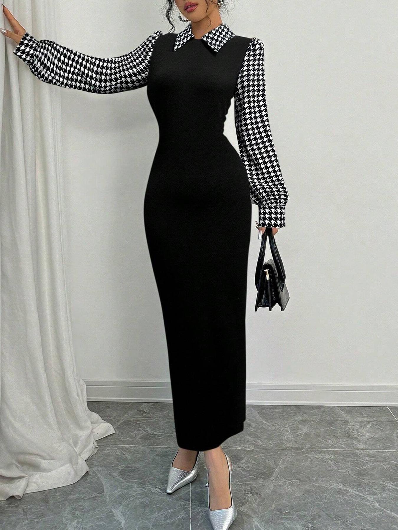 Women's Bodycon Mermaid Dress, Contrast Binding & Bubble Sleeves Design ...