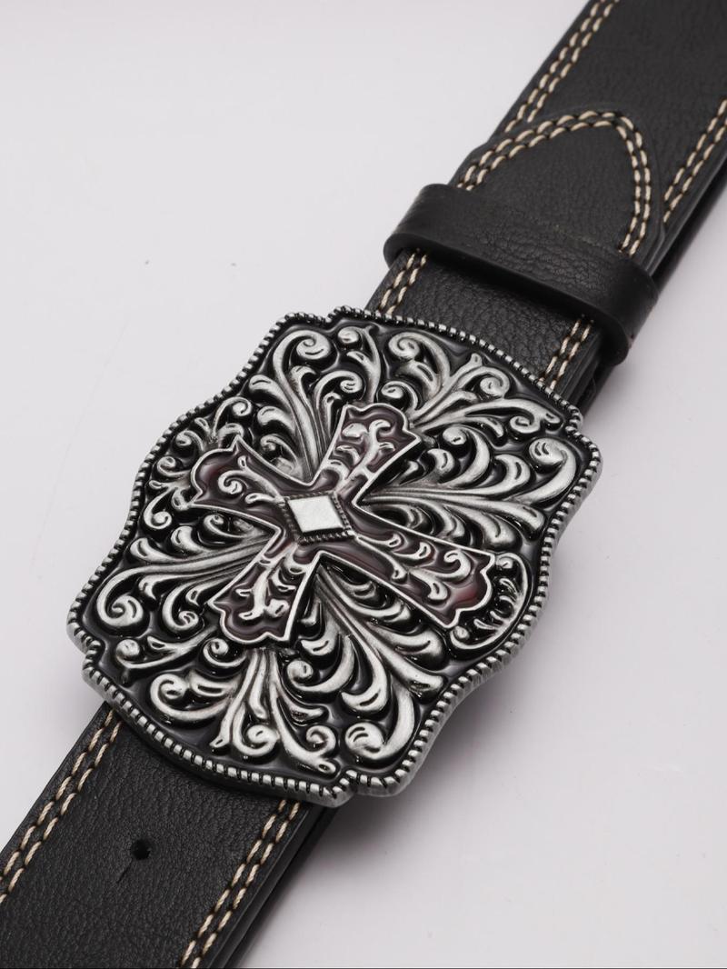 Vintage Cross Design Western Buckle Belt, Fashion PU Leather Belt for ...