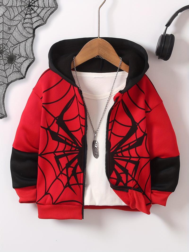 [Warm Spider Hoodie] Warm Boys' Spider Web Print Zip-Up Hoodie Jacket ...
