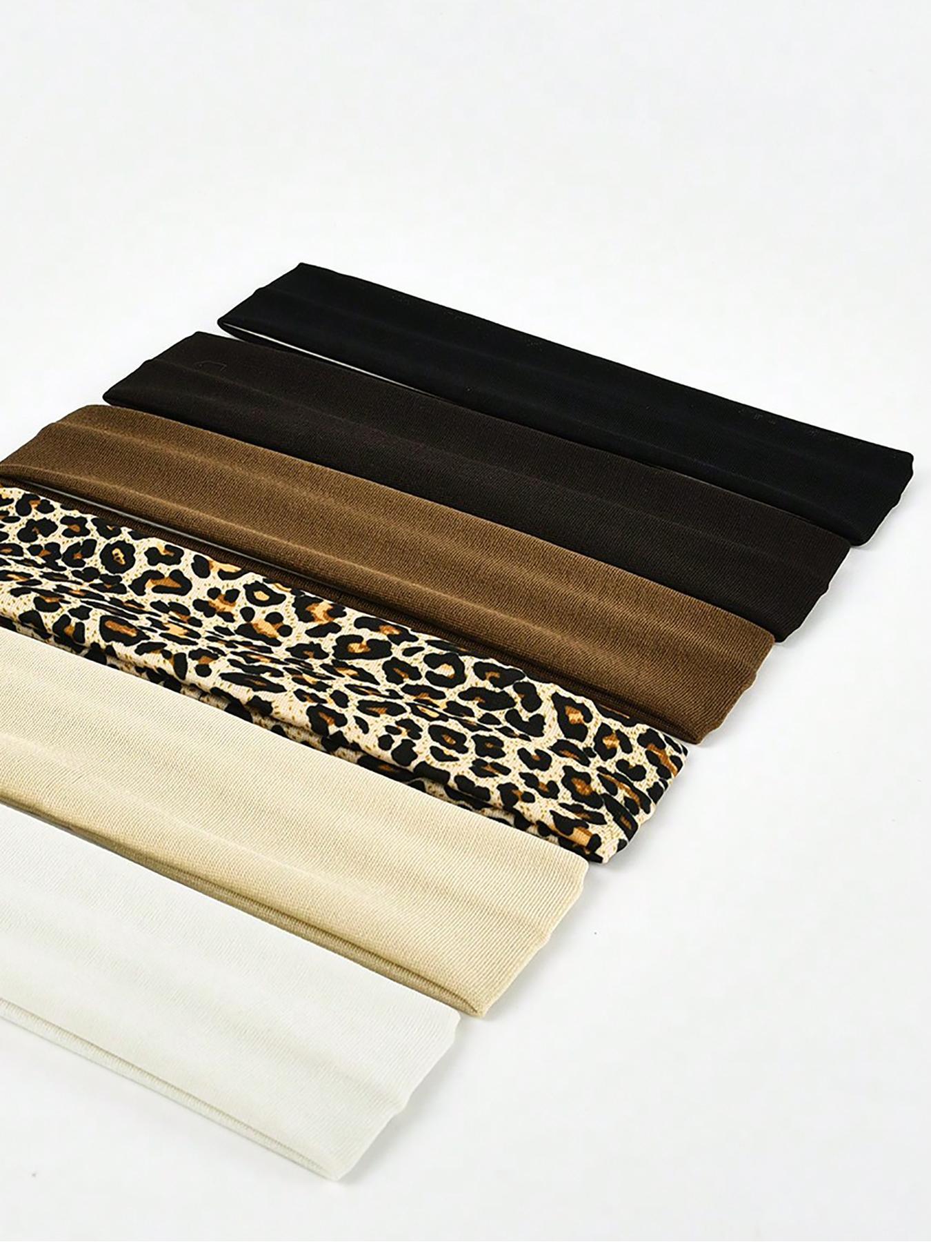 6pcs Women's Elastic Leopard Print & Solid Color Flat Headband For ...