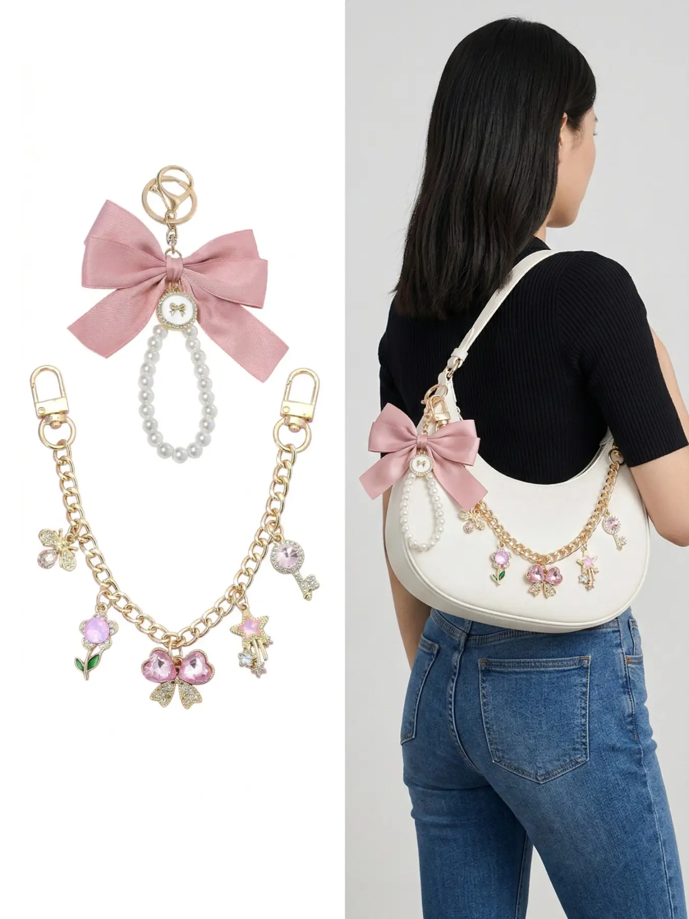 2Pcs Coquette Pink Bow Pearl Bag Charm Set Aesthetic Gold Purse Chain ...