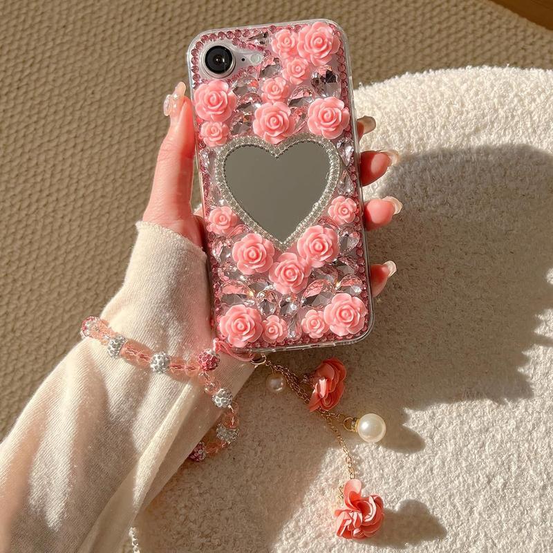 for 16e Glitter Bling Case,Cute Sparkle Heart Makeup Mirror Rhinestones ...