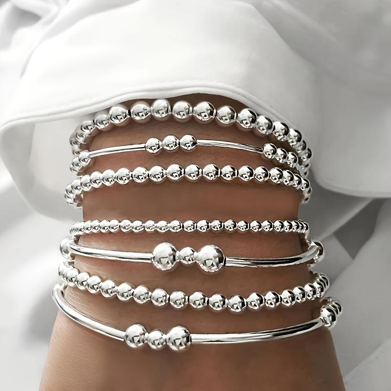 7pcs Multi-layered Fashion Beaded Bracelet Set Women's Silvery Elastic ...