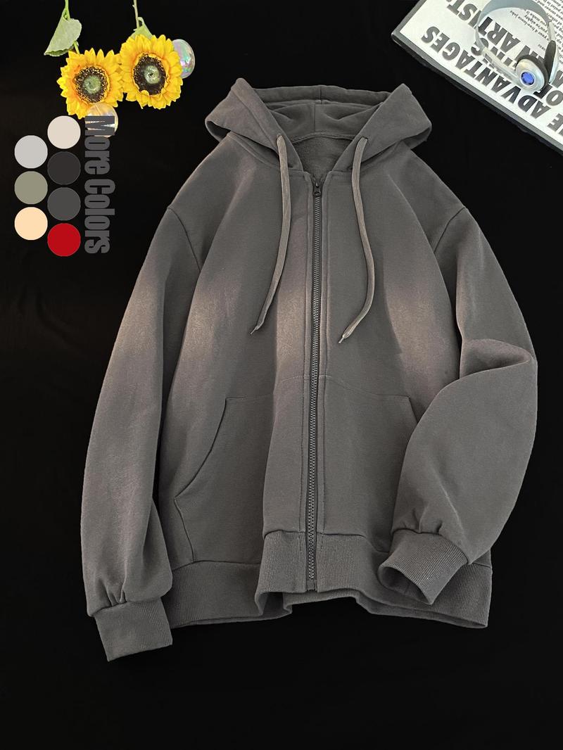 Unisex Men's Solid Zip Up Hooded Jacket, Loose Casual Long Sleeve Zip ...