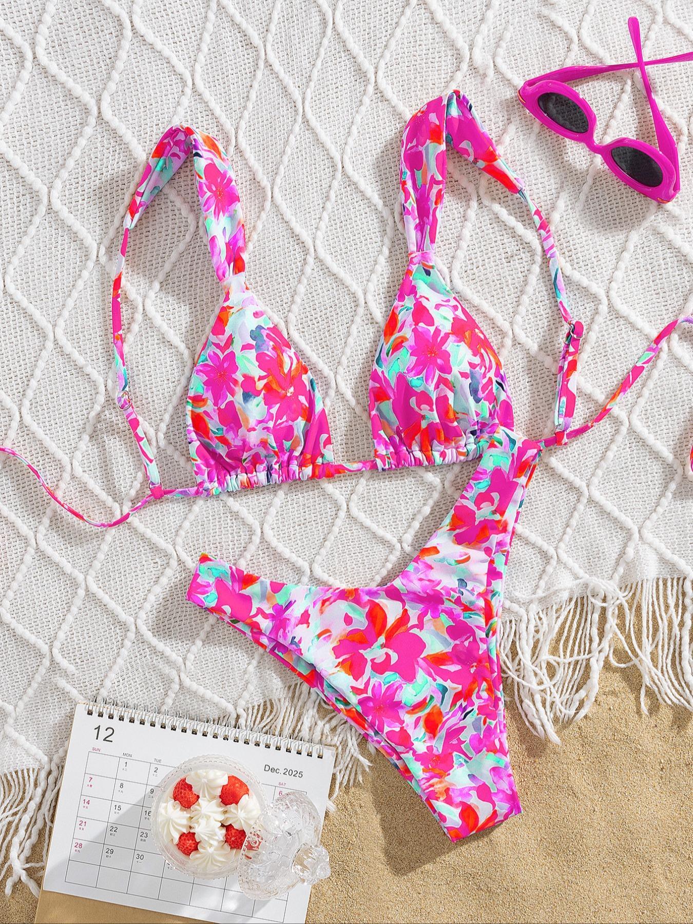 Women's Floral Print Bikini Set, Casual Adjustable Strap Swim Top ...