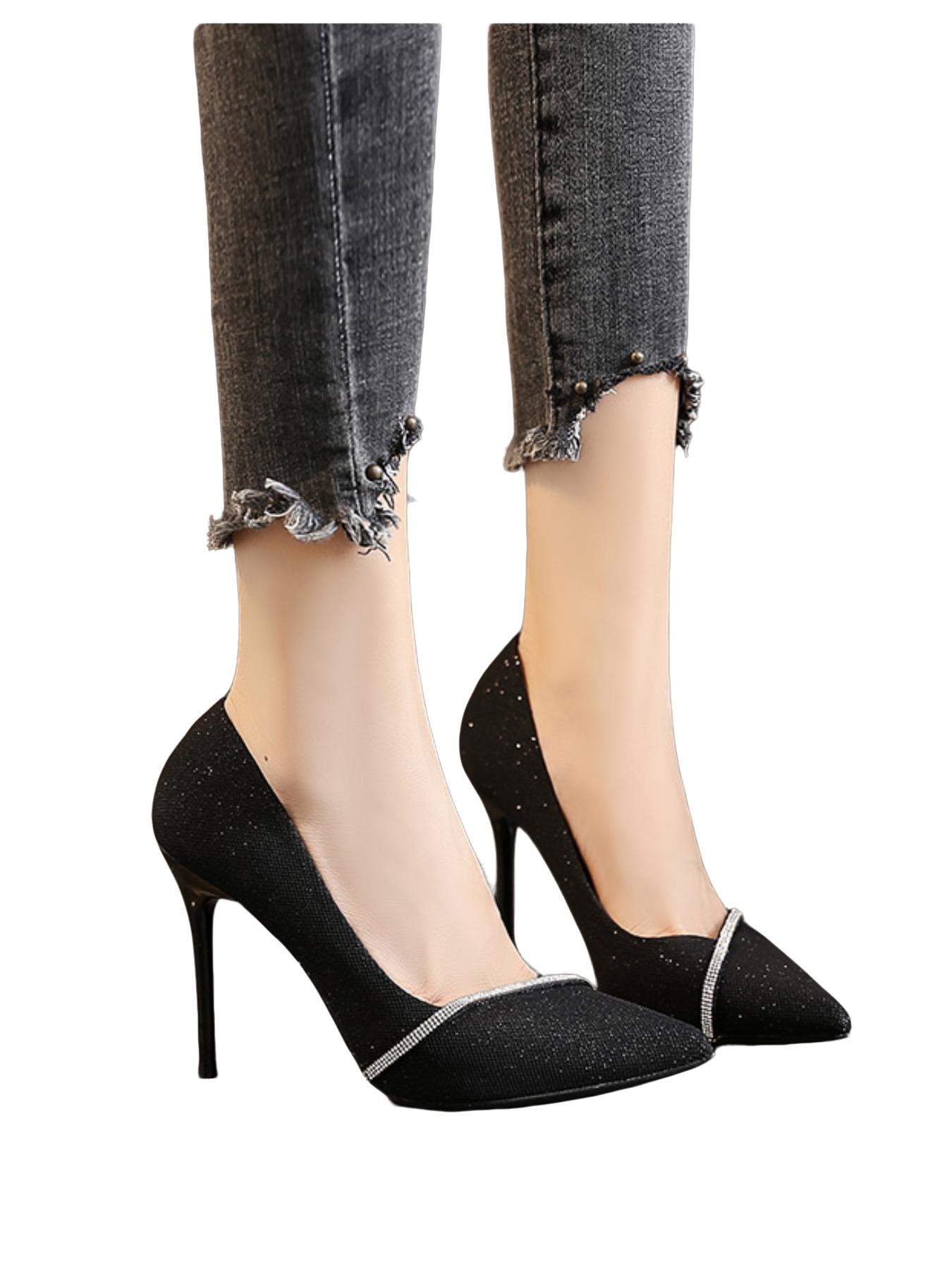 Women's 2.76in Thin Heel Star Sparkle Fabric Pointed Toe Fall Single ...