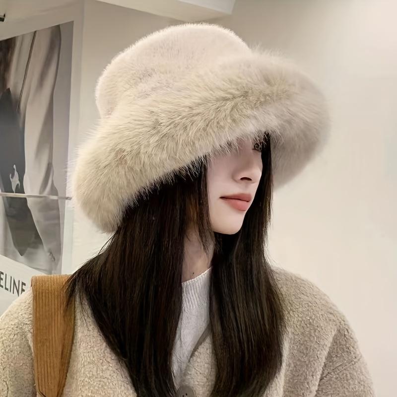 Fashion Faux Fur Big Bucket Hat for Women Russian Cossack Fluffy Winter ...