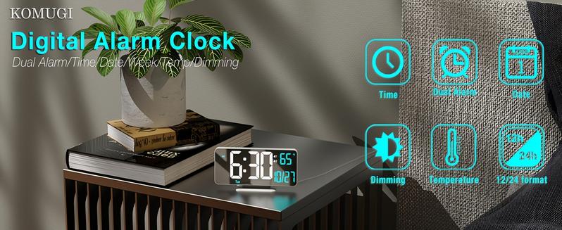 Komugi 6. 7" Led Digital Clock With Dual Alarm - White, Mirror Finish ...