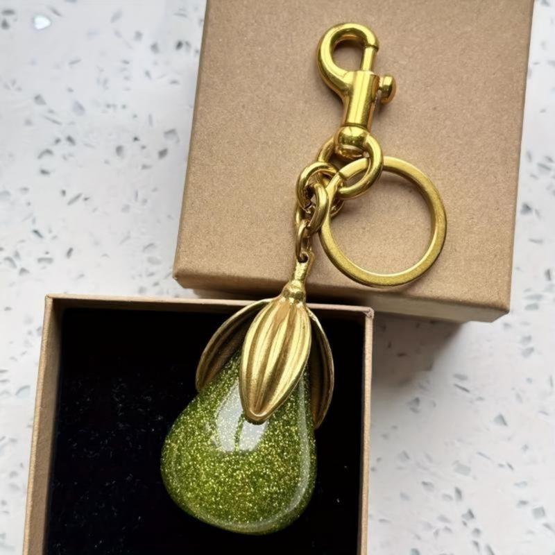 Golden Pear-Shaped Keychain with Green Glitter Acrylic Charm Cute Fruit ...