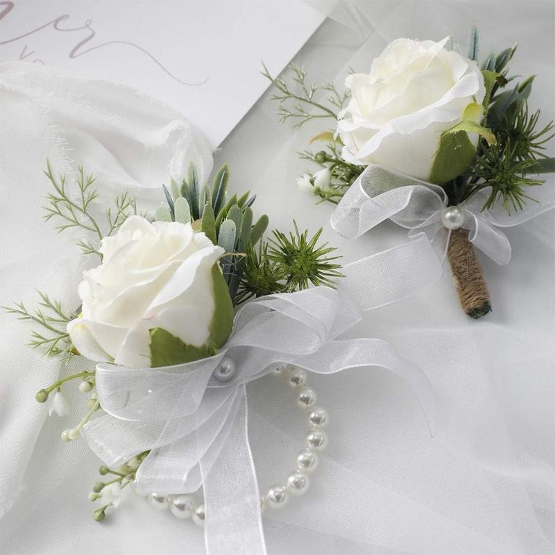 Ivory Rose Wrist Corsage Wristlet Band Bracelet and Men Boutonniere Set ...