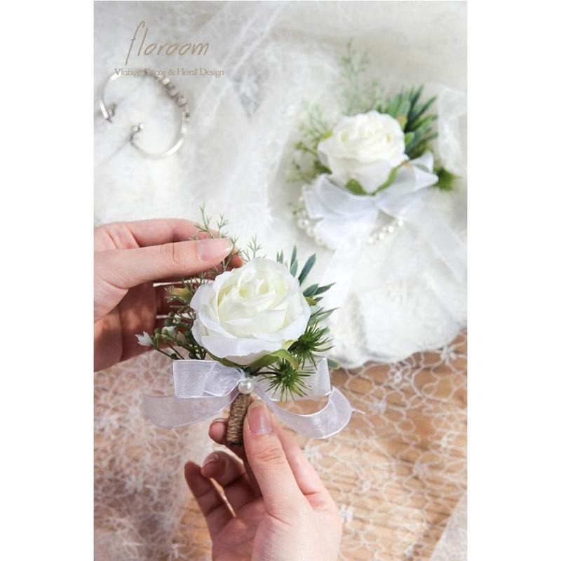 Ivory Rose Wrist Corsage Wristlet Band Bracelet and Men Boutonniere Set ...