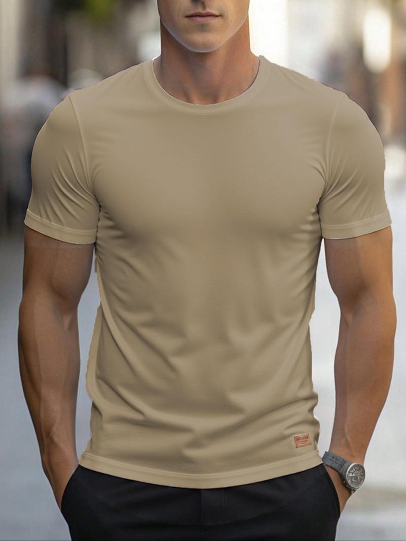 Men's Solid Round Neck Sports Tee, Breathable Comfortable Short Sleeve ...