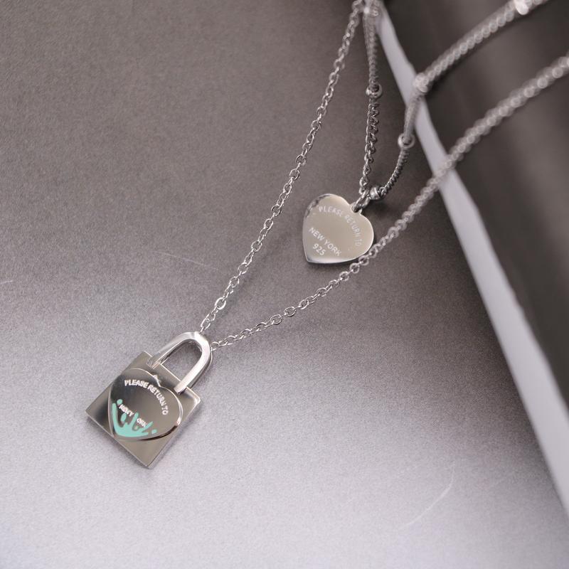 T's Blue Oil Dripping Lock Heart Double-Layer Necklace Female 18K Gold ...