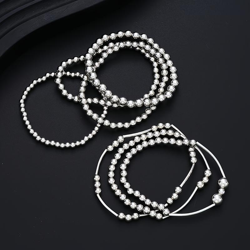 7pcs Multi-layered Fashion Beaded Bracelet Set Women's Silvery Elastic ...