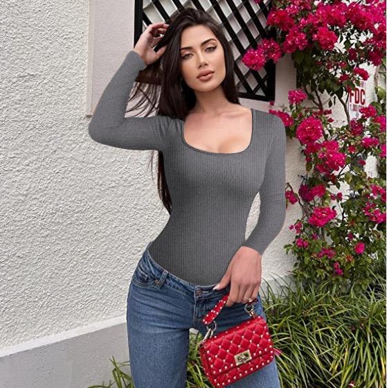 Women's Square Neck Short Sleeve Long Sleeve Bodysuit Sexy Body Suits ...