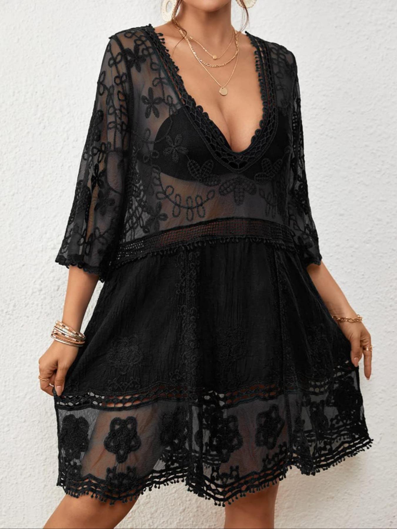 Women's Floral Embroidery Hollow Out Contrast Lace Sheer Cover Up Dress ...