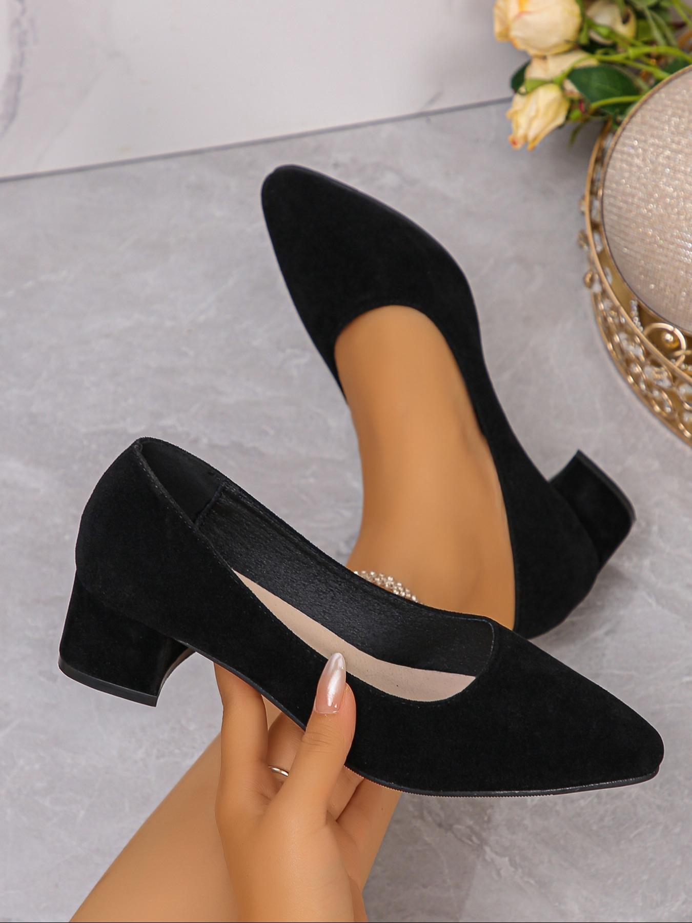 Women's Minimalist Pointed Toe Chunky Heel Suede High Heels - TikTok Shop