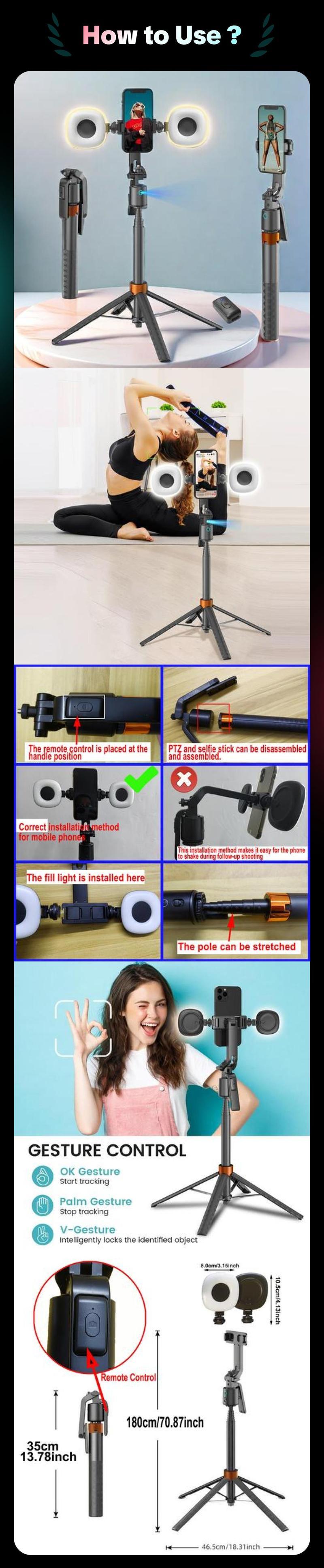 360-Rotatable Selfie Stick Tripod with Auto Face Tracking & 2 Fill ...