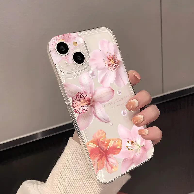 Pink floral pattern transparent phone case for iPhone Air 17, 16, 15 ...