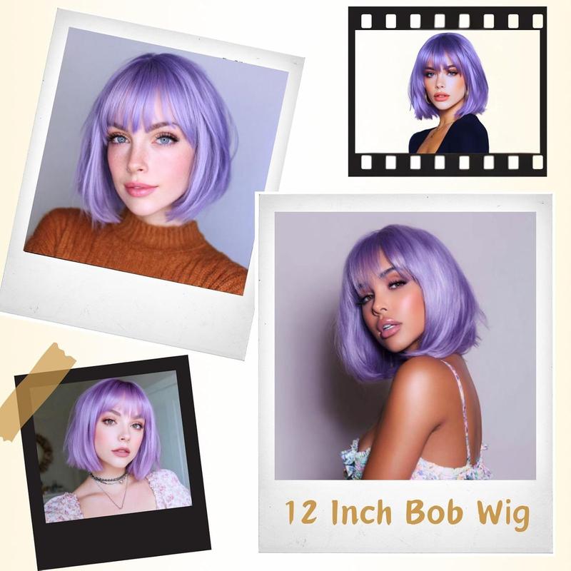12 Inch Short Bob Light Purple Wig with Bangs, Colorful Wig for ...