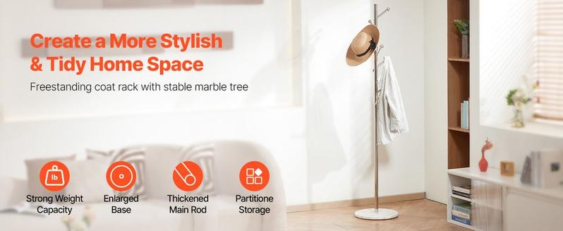 VEVOR Coat Rack Freestanding Coats Rack Stand with Stable Marble Base ...