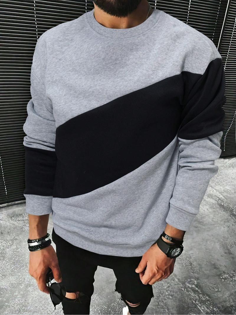 Men's Colorblock Print Round Neck Sweatshirt, Regular Fit Casual Long ...