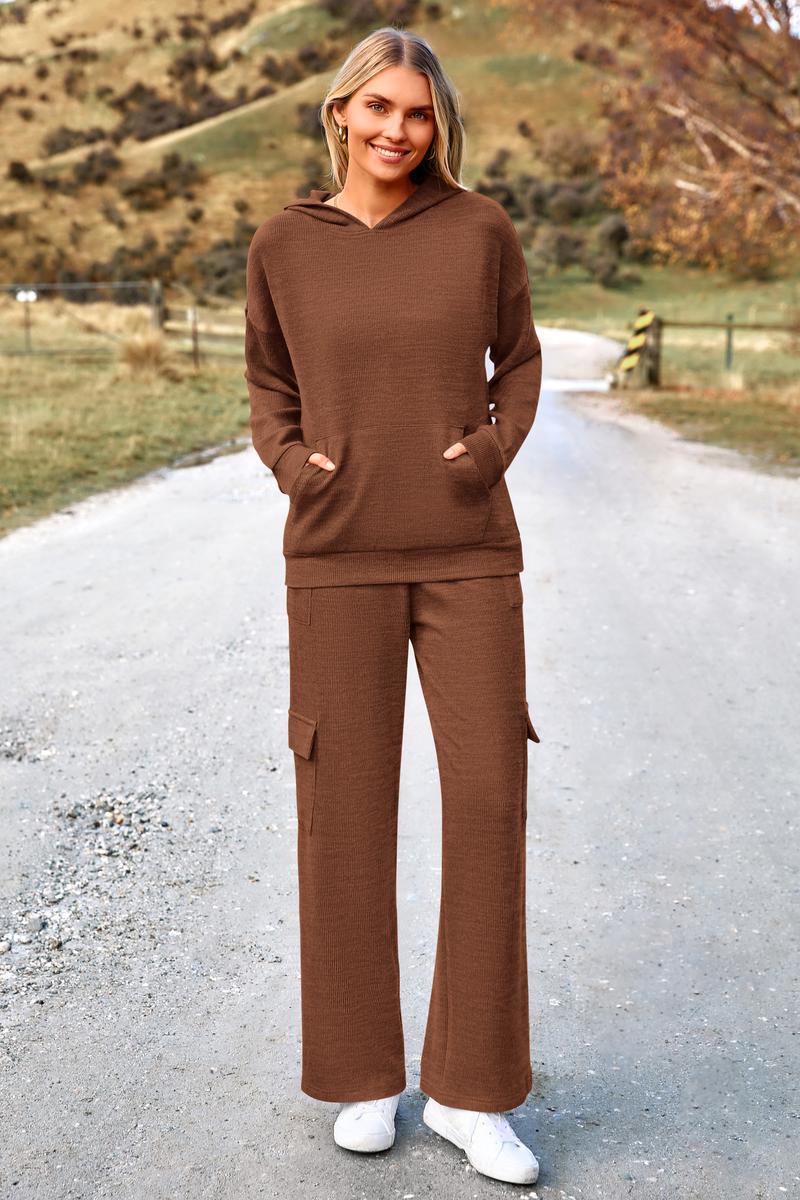 Women Tracksuits 2-Piece Knitted Sets with Hoodie and Wide Leg Pants ...