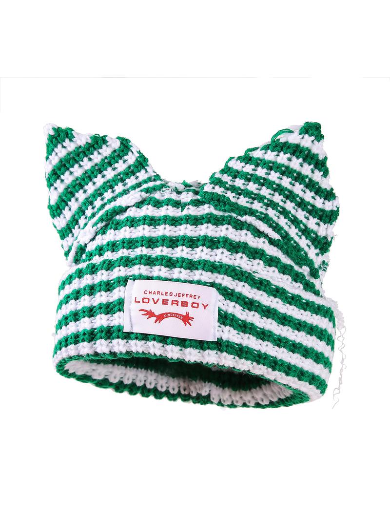 Bunny & Cat Ear Knit Beanie Set, Warm Striped Crochet Hats for Cold ...