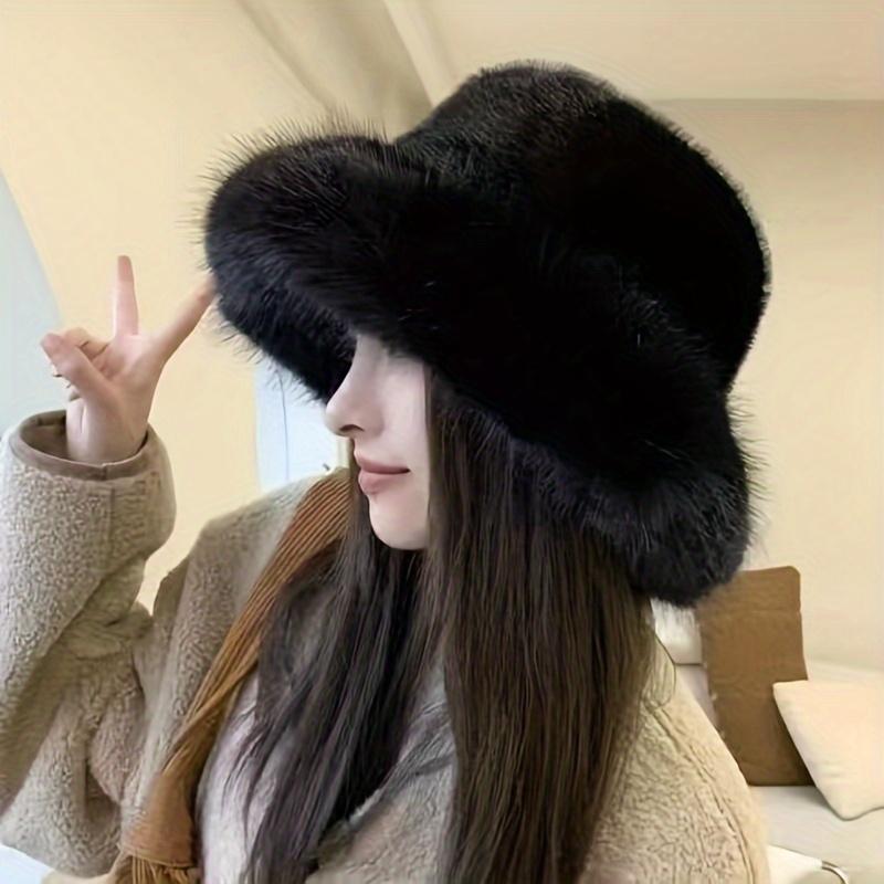 Fashion Faux Fur Big Bucket Hat for Women Russian Cossack Fluffy Winter ...