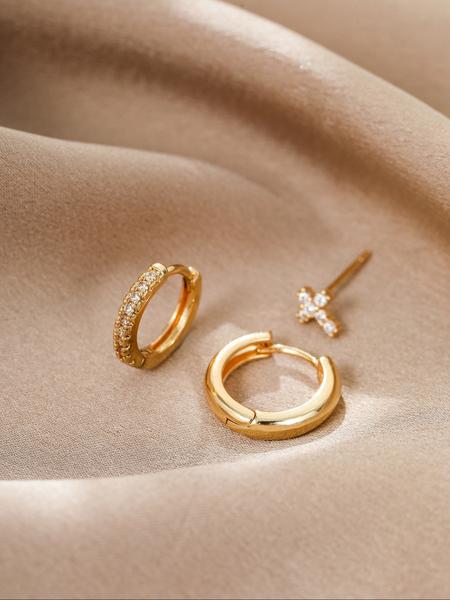 3pcs Earrings Including Plain Hoop, Half-Studded Zirconia Stud, Mini ...