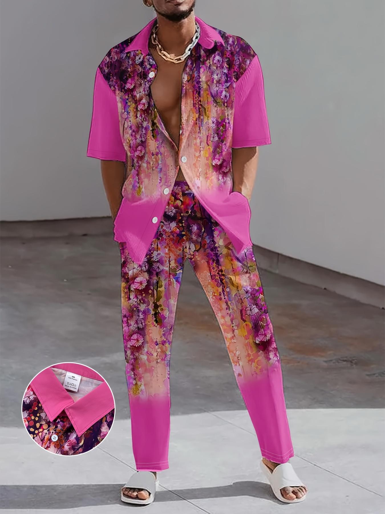 Men's Casual Floral Print Short Sleeve Shirt & Pants Set - Vibrant Pink ...