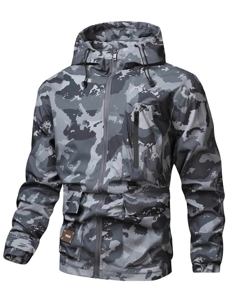 Men's Camo Print Zip Up Drawstring Hooded Jacket, Regular Fit Casual ...
