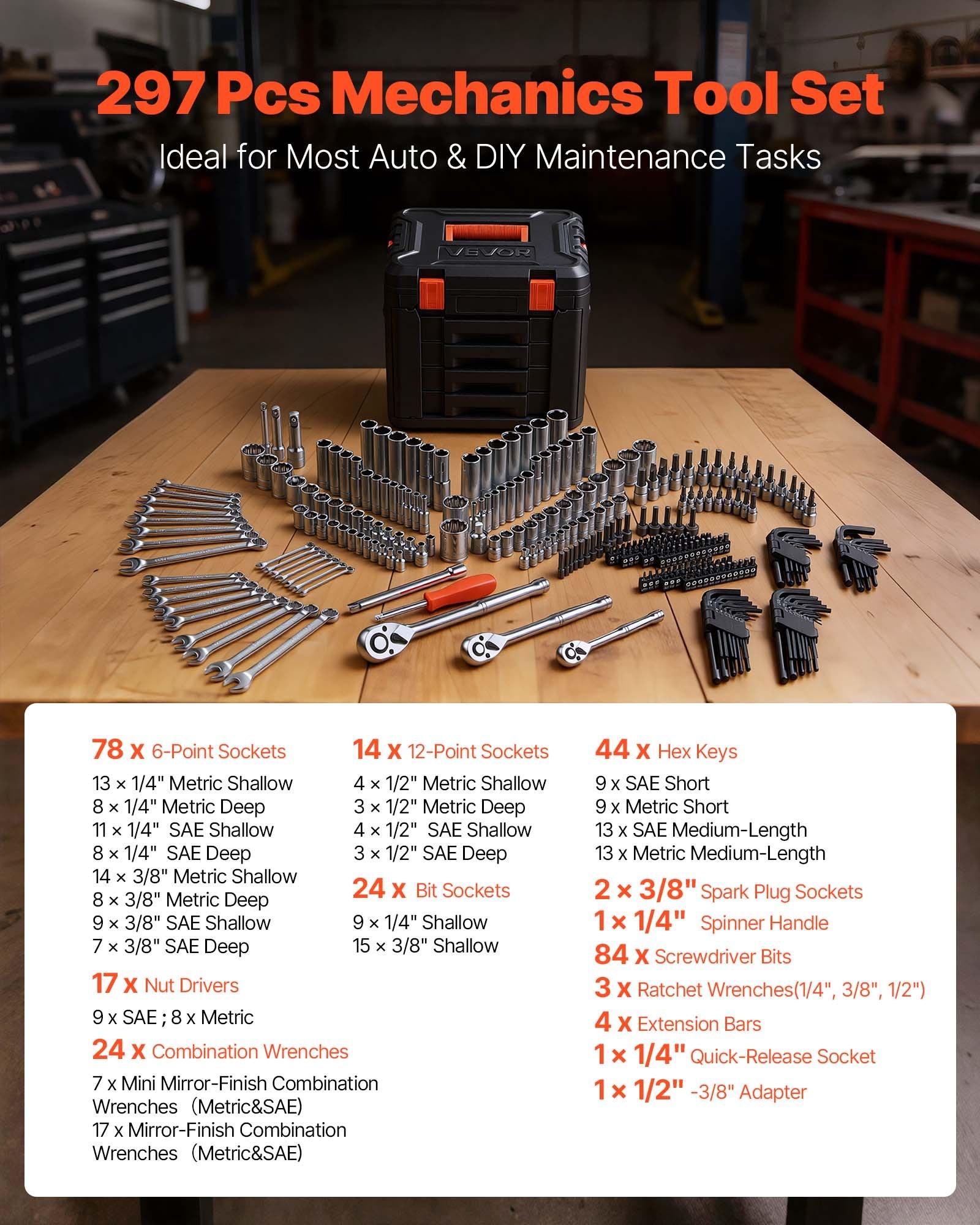 VEVOR 297-Piece CR-V Steel Mechanics Tool Set - 1/4 in, 3/8 in, 1/2 in ...