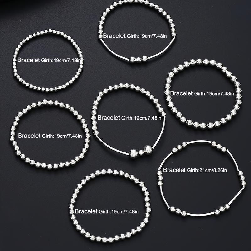 7pcs Multi-layered Fashion Beaded Bracelet Set Women's Silvery Elastic ...
