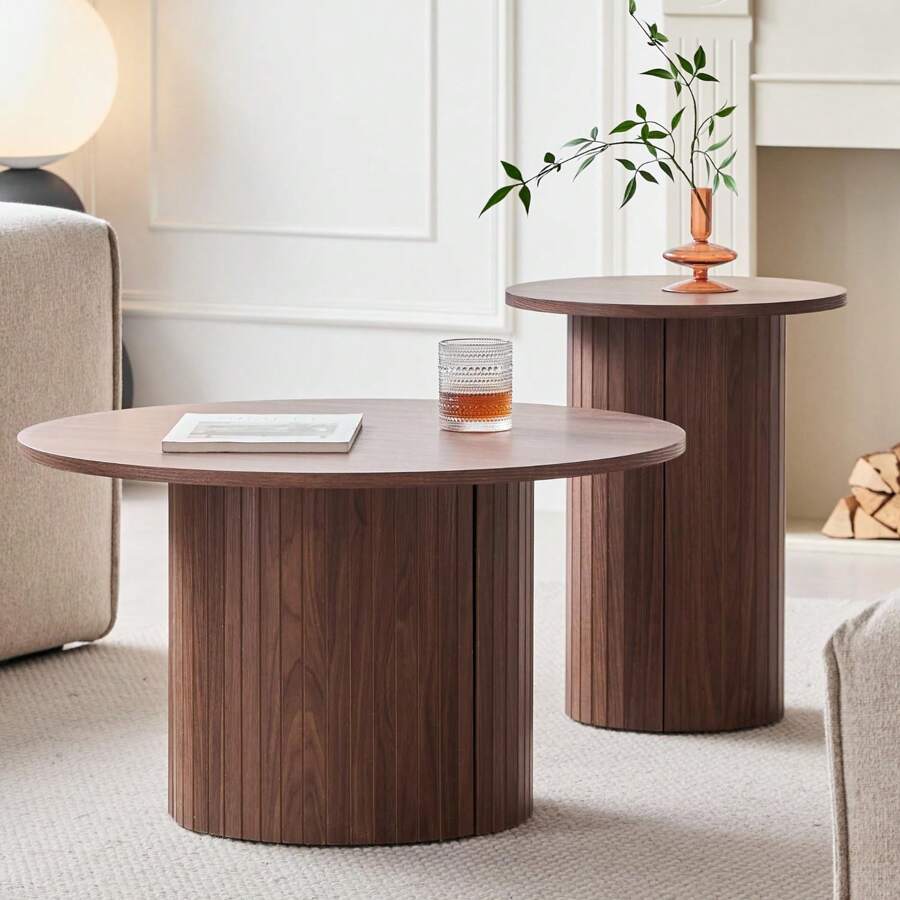 Round Nesting Coffee Set Of 2, Boho Wood Circle Side Fluted Drum ...