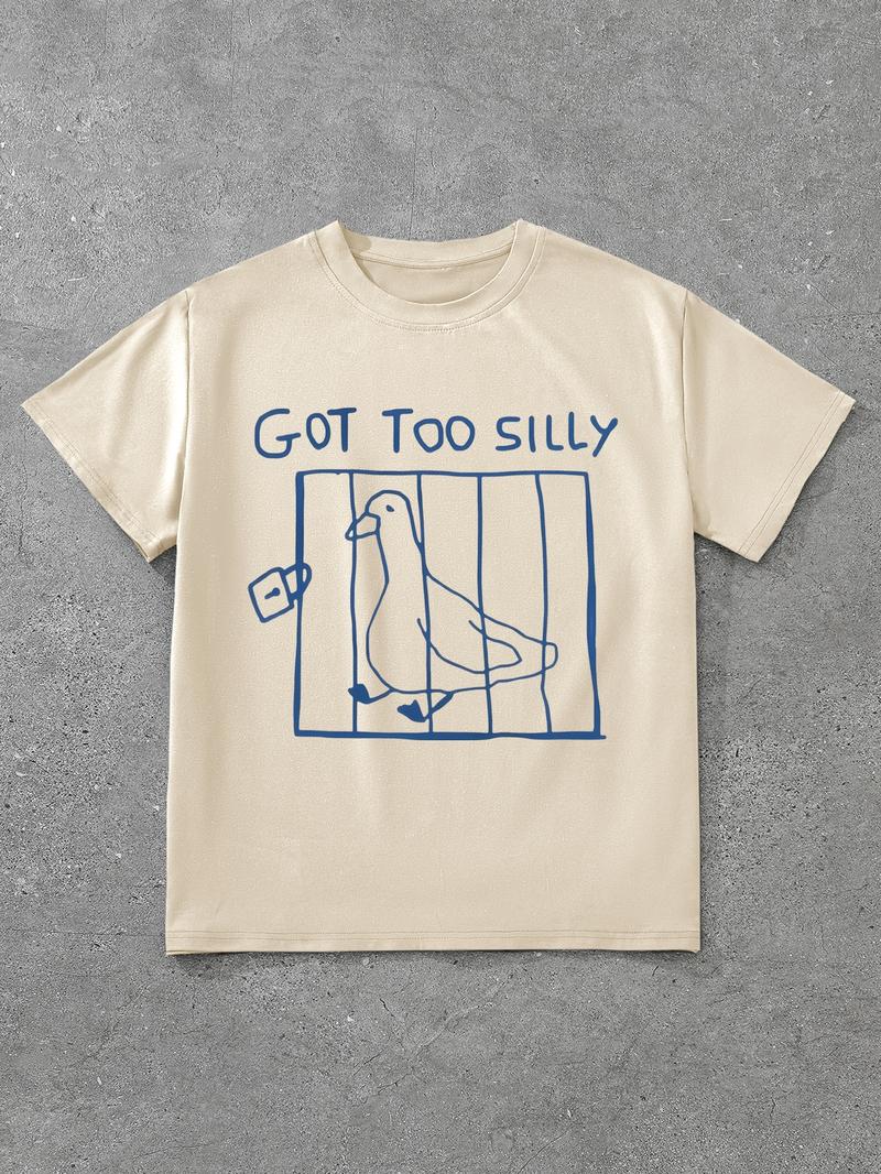 Men's Duck & Letter Print Round Neck Tee, Regular Fit Casual Short ...