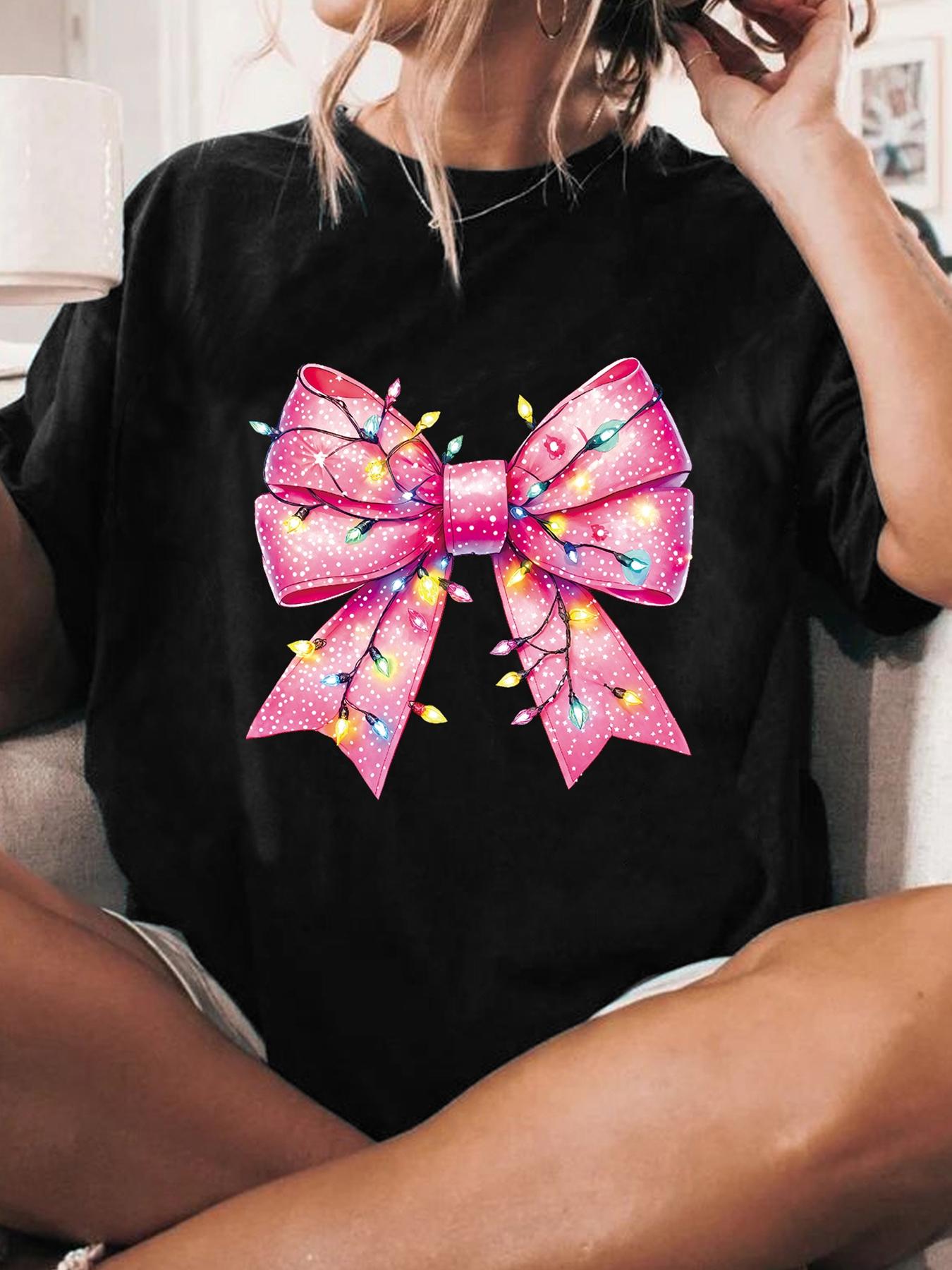 Women's Cartoon Christmas Bowknot Print Drop Shoulder Tee, Casual Half ...