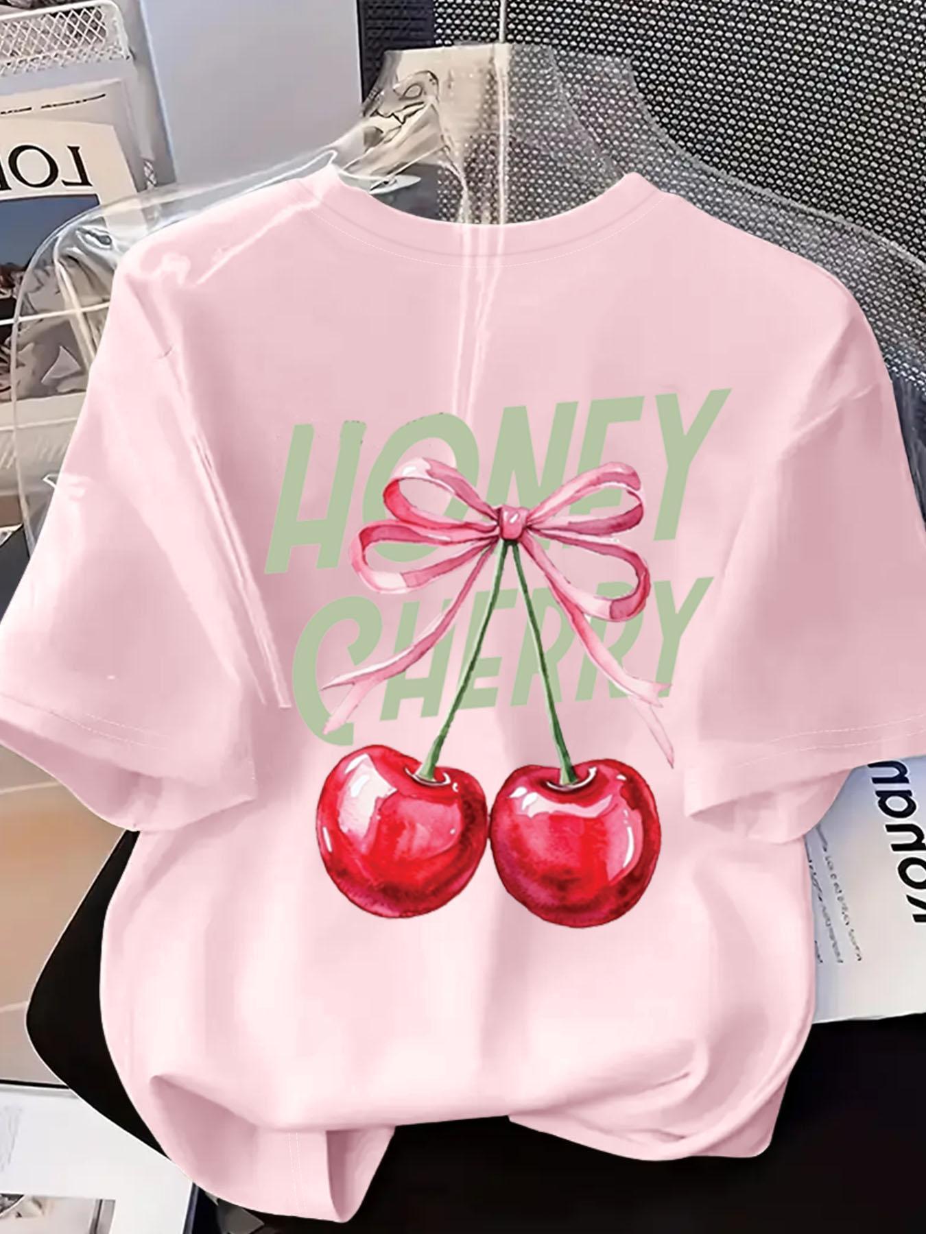 Women's Cherry Print Crew Neck Tee, Casual Short Sleeve T-shirt for ...