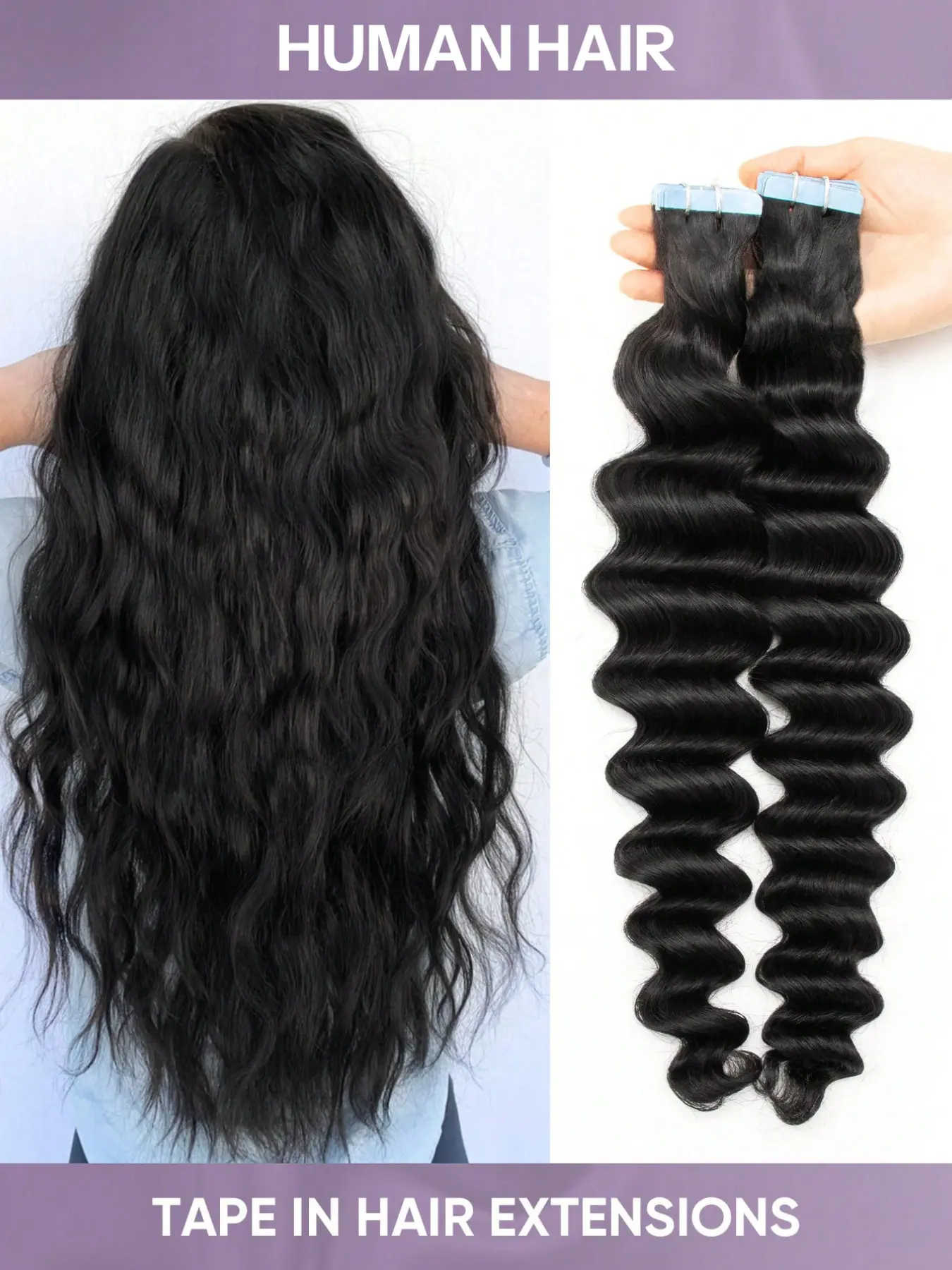 20pcs Tape In Hair Extensions Human Hair Deep Wave Nature Black Color ...