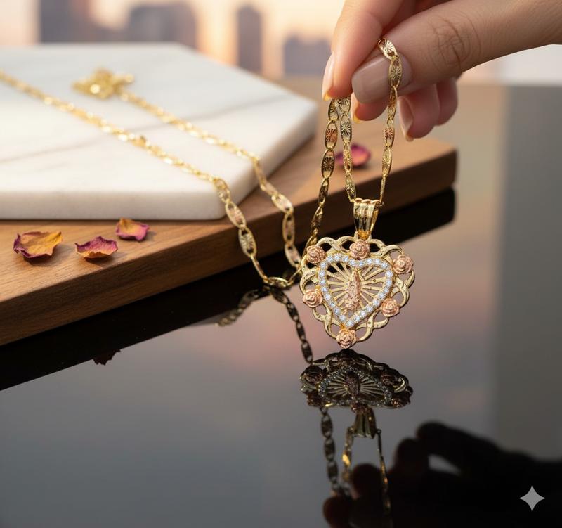 Rose Pendant Necklace Golden Caring Virgin Mary Ladies Fashion Jewelry ...