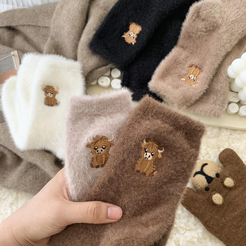 [5 Pairs Cow Socks] 5 Pairs Women's Cow Embroidered Plush Socks ...