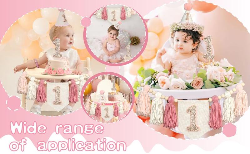 Pink Baby Girl 1st Highchair Banner Wood Bead Tassel Garland Conical ...