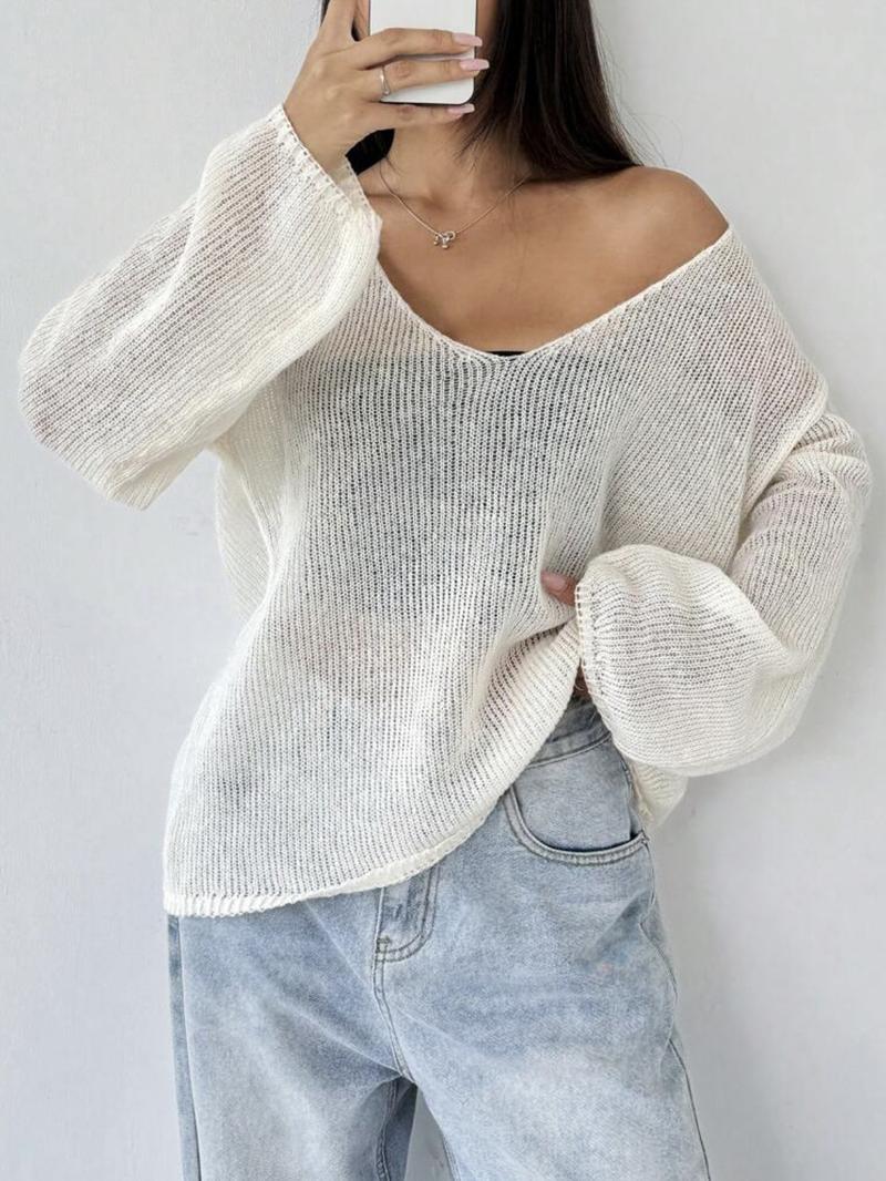 Women's Plain Sheer Sweater Pullover, Casual Basic Long Sleeve Jumper ...
