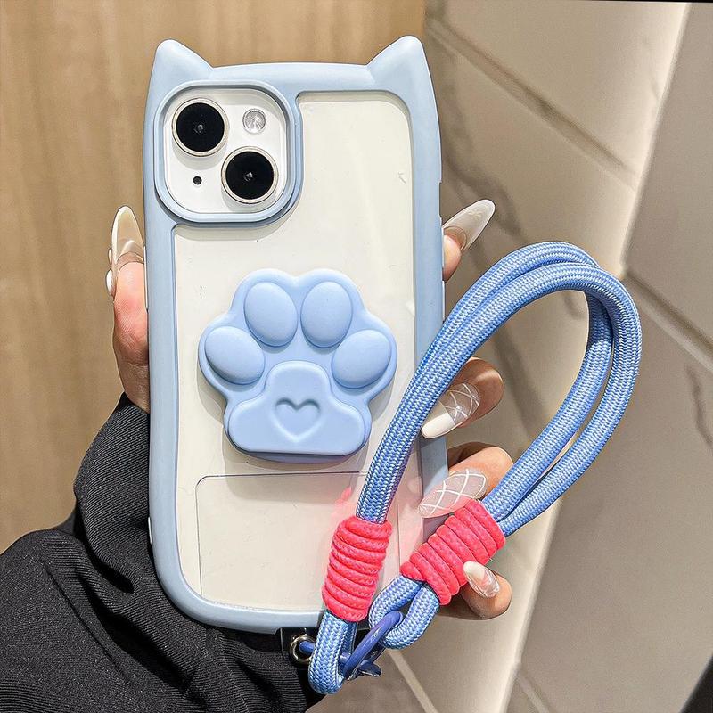 Cute 3D Cat Ears Cat Claw Stand Wrist Strap Clear Silicone Phone Case ...