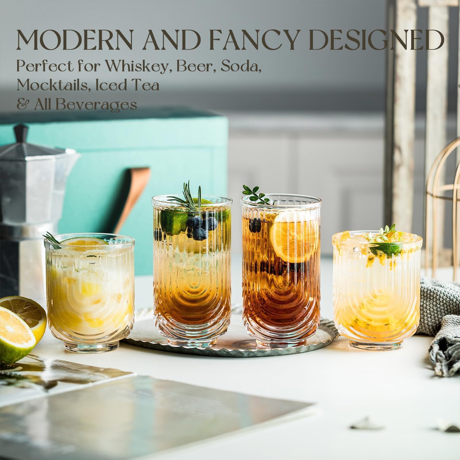 Art Deco Glasses, Highball Glasses Set Of 8, Ribbed Glasses, Drinking ...
